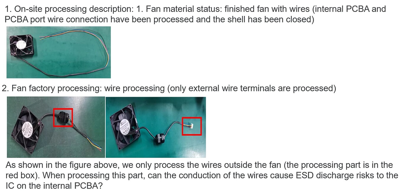 ESD discharge risk analysis for wire processing connected to finished ...